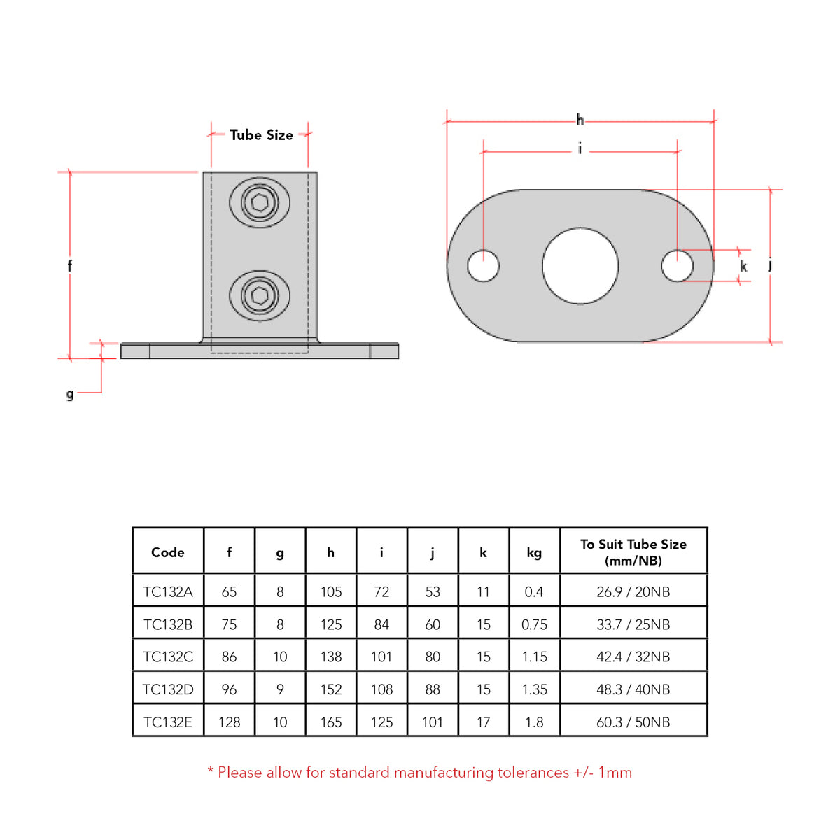 132 - Standard Railing Base Flange (232) – Tubeclamp AU